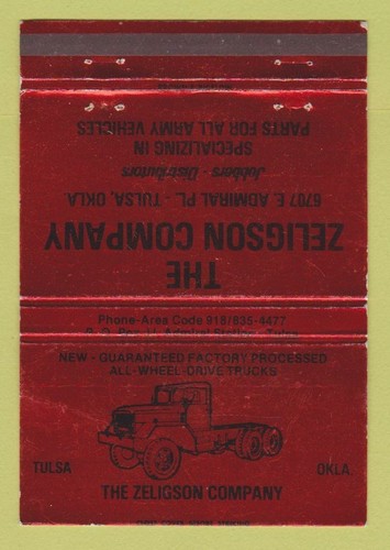 Matchbook Cover - Zeligson Trucks Army Vehicle Parts Tulsa OK 40 Strike ...