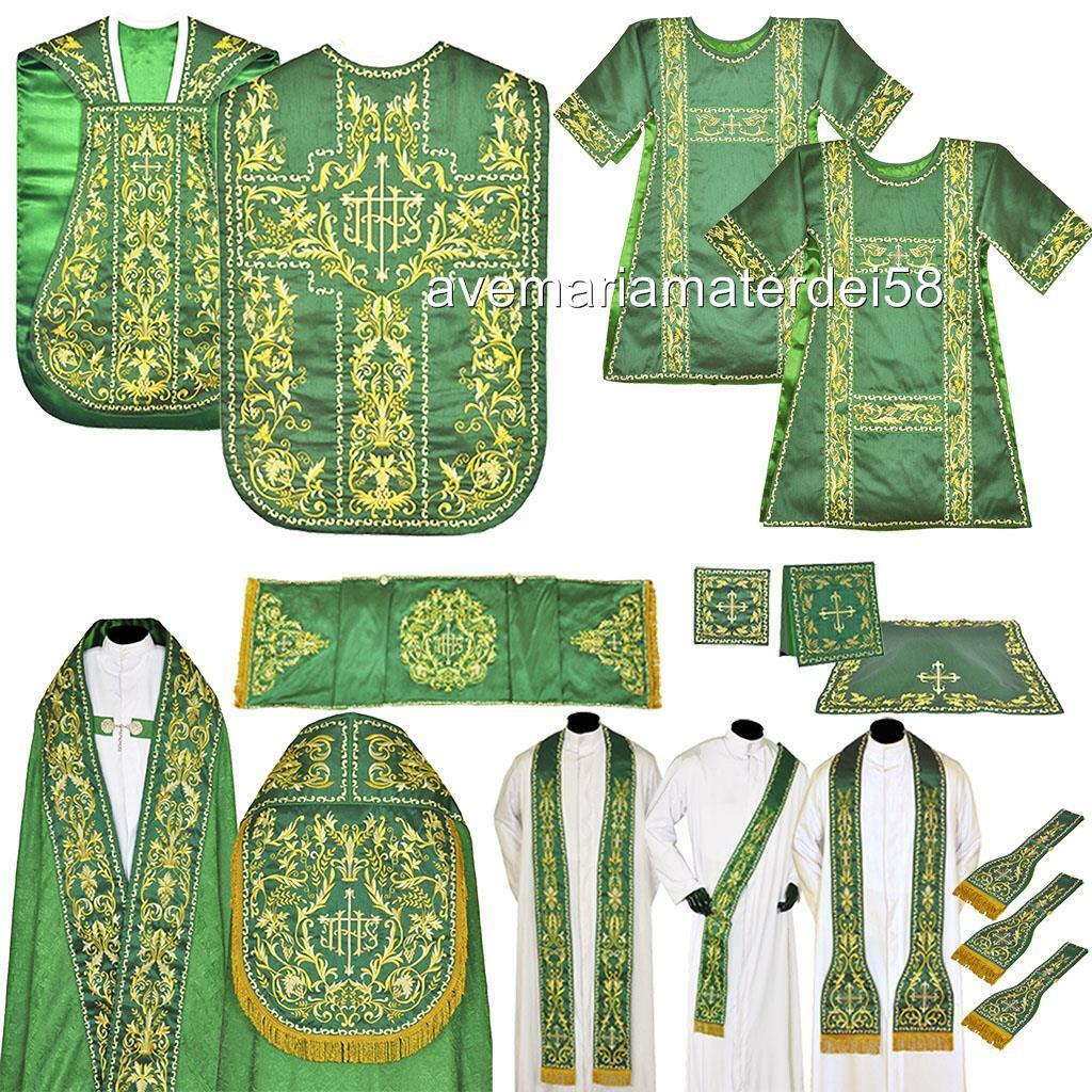 Green Solemn Latin High Mass Vestment Set Fiddleback,Dalmatic,Tunicle ...