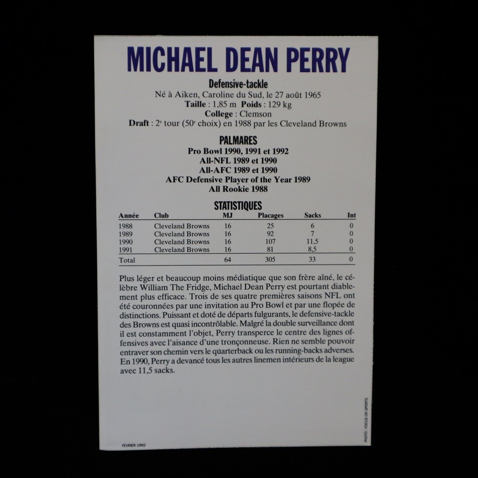 1992 Michael Dean Perry Cleveland Browns NewSport NFL French Card From ...