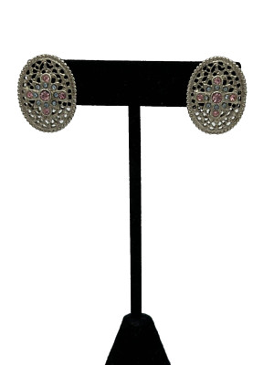 Vintage Open Work Silver Tone Pale Blue Pink Rhinestone Oval Pierced ...