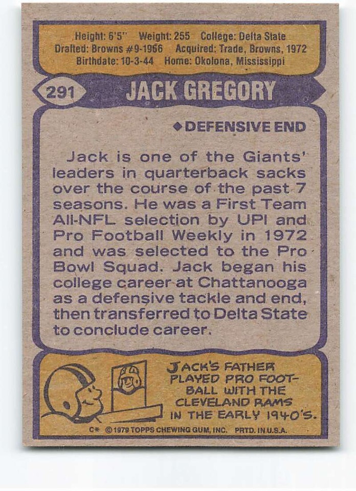 1979 Topps #291 Jack Gregory EX/NM NY Giants | eBay