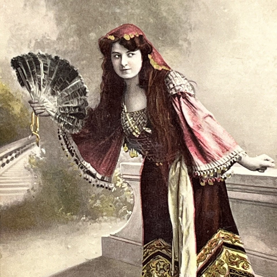 Exotic Fan Dancer Studio Pose Ethic Dress Vintage Postcard Arnochrom ...