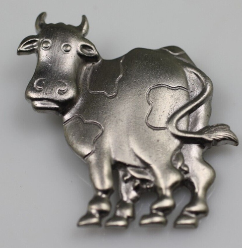 Vintage signed JJ 1988 pewter cow Holstein silver tone heifer brooch ...