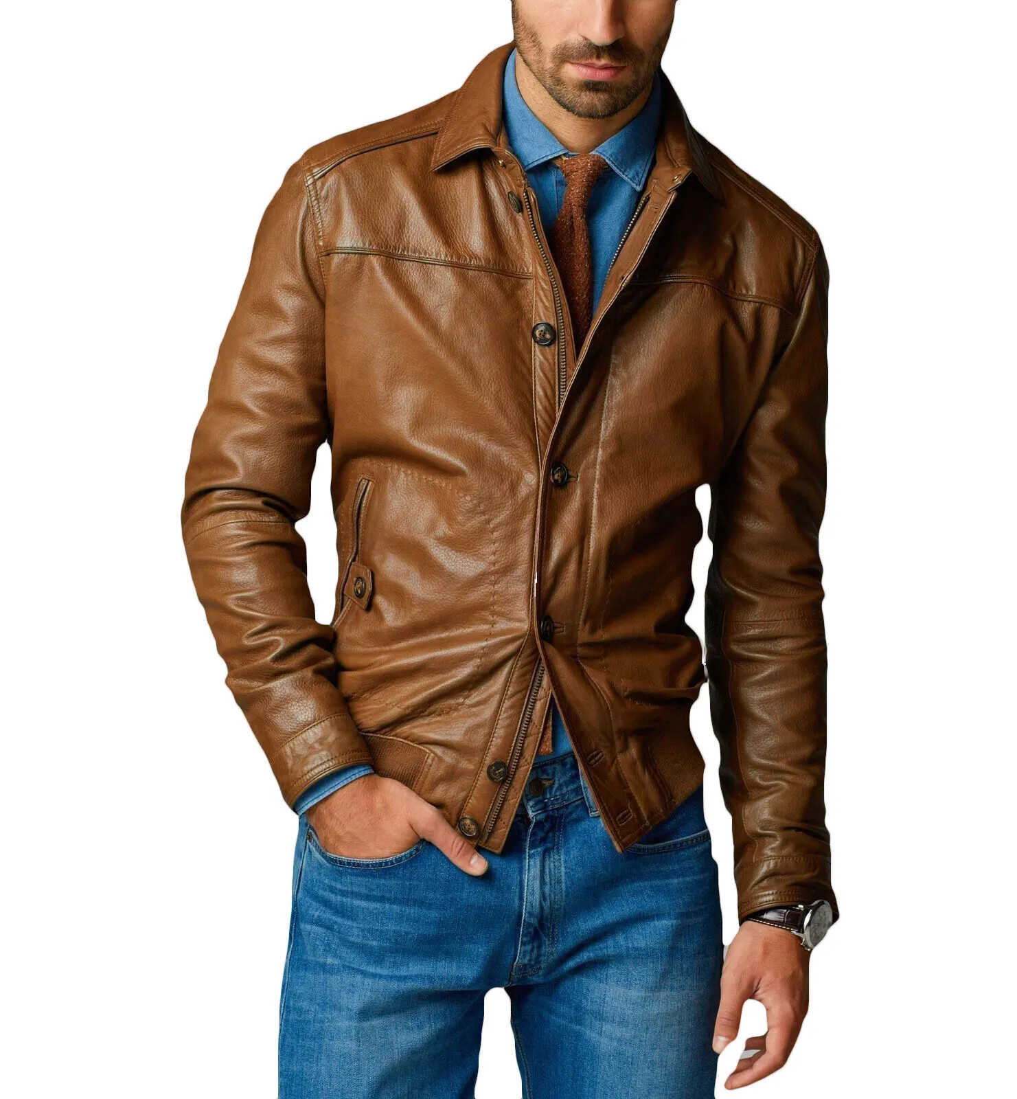 Men's Brown Bomber Genuine Leather Lambskin Biker Jacket Handmade ...