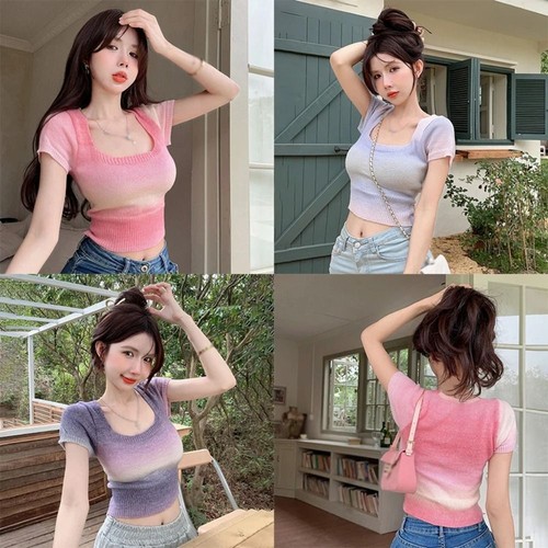 Terylene Gradient Knit Short Sleeve Knit Sexy Cropped Top Women | eBay