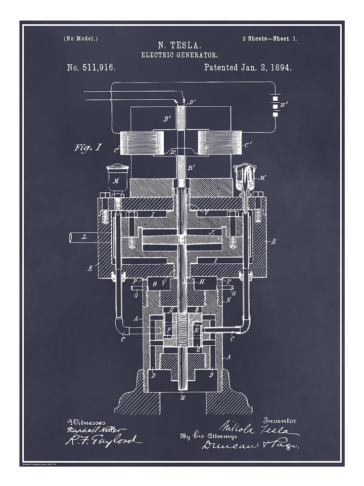 1894 Tesla Generator Patent Print Vintage Electrical Blueprint Wall Art ...