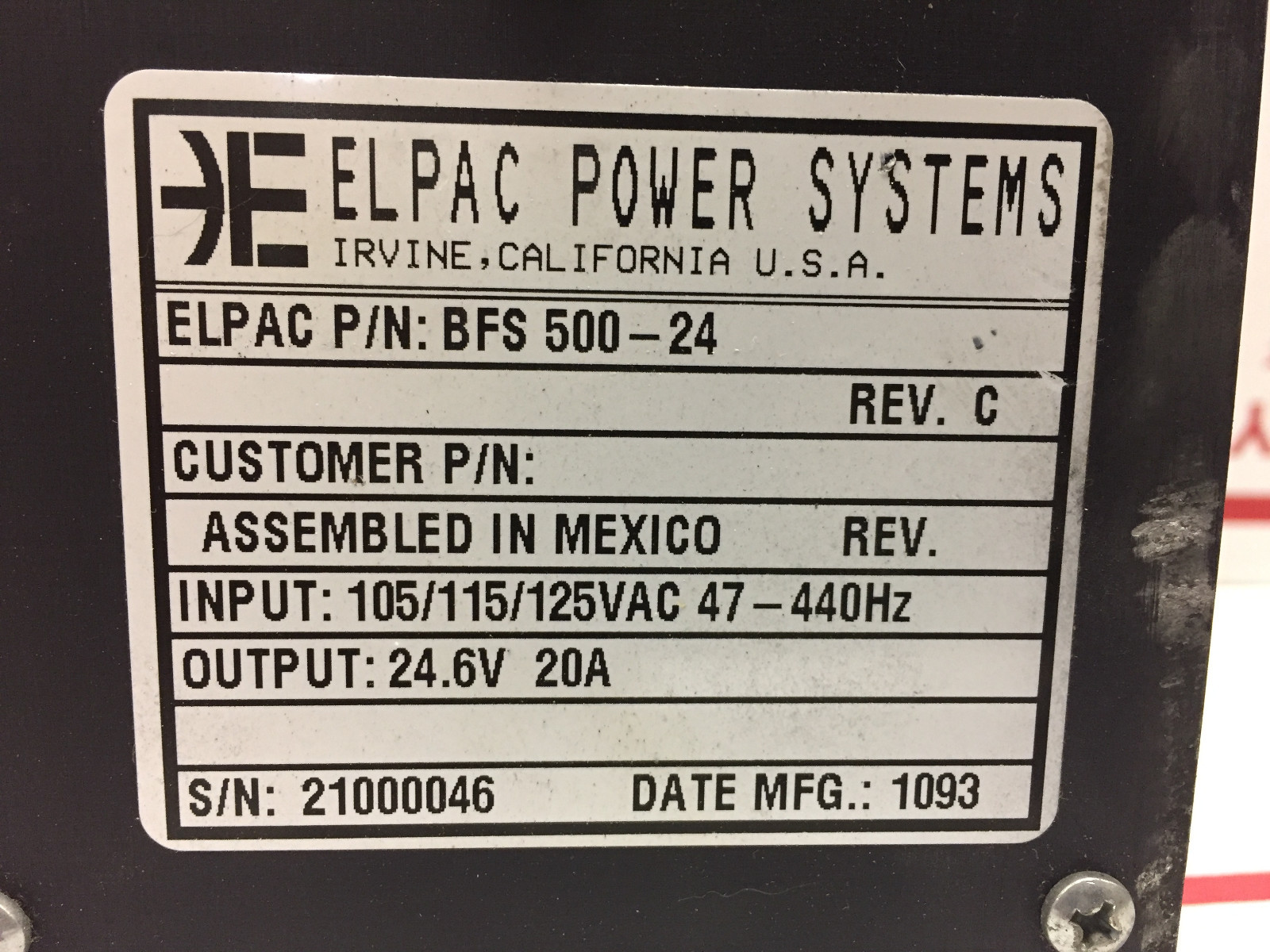 ELPAC Power System BFS 500-24 (In: 105-115-125 VAC 47-440 Hz, Out: 24.6 ...