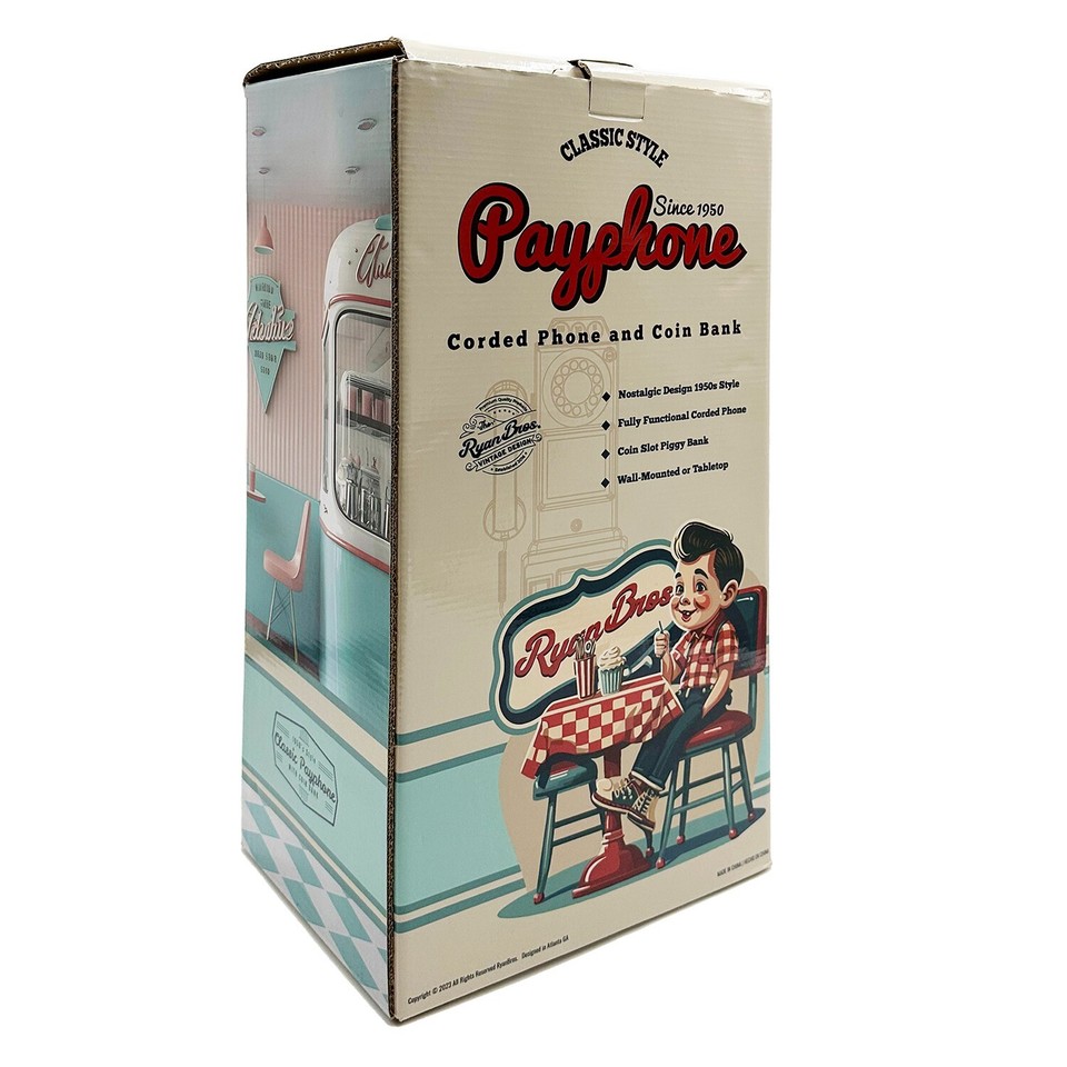 Ryan Bros. Retro 1950's Payphone Coin Bank Wall-Mount Corded Phone ...