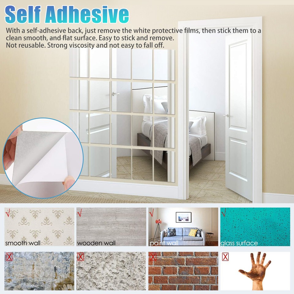 12PCS Self Adhesive Mirror Reflective Wall Sticker Film Paper Home ...