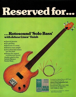 MANSON KESTREL FRETLESS BASS GUITAR PINUP Magazine Ad ROTOSOUND Solo ...
