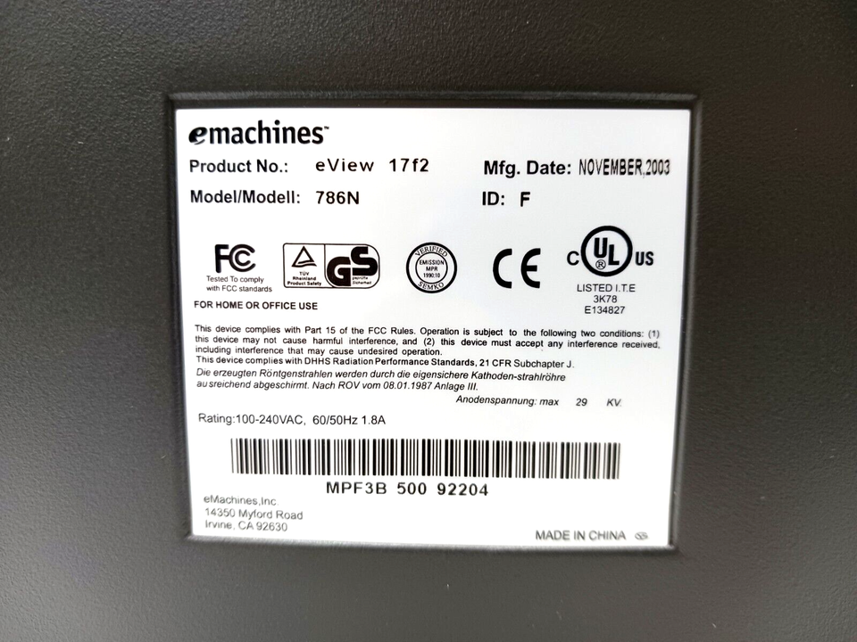 eMachines 786N 17-inch CRT Monitor eView 17f3 Computer Retro Gaming ...