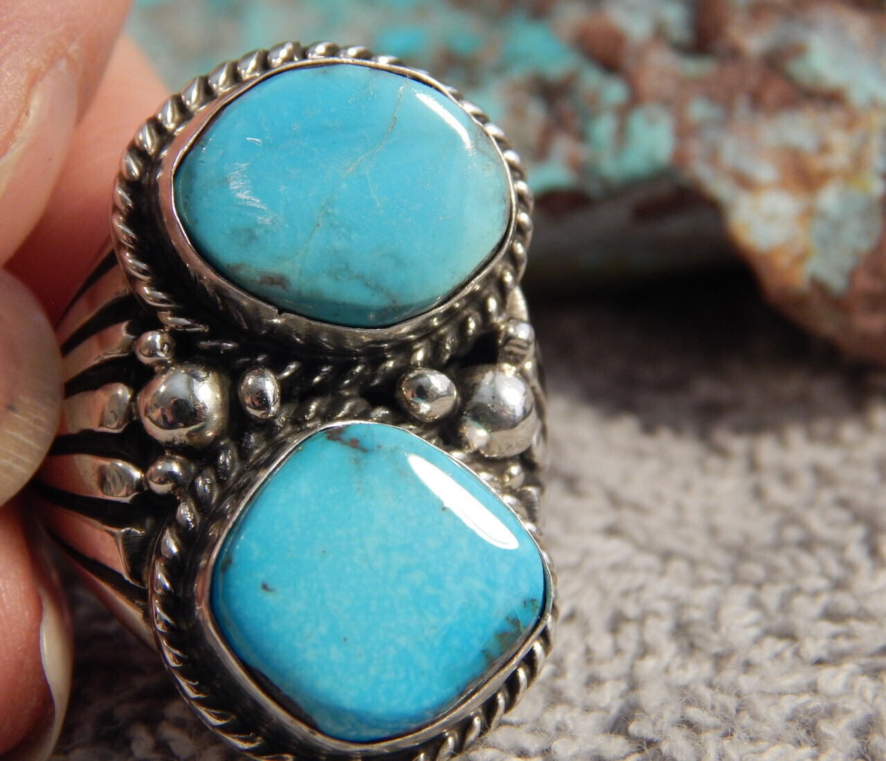 Bisbee Turquoise Sterling Silver Mens Ring By Navajo Russell Sam Size ...