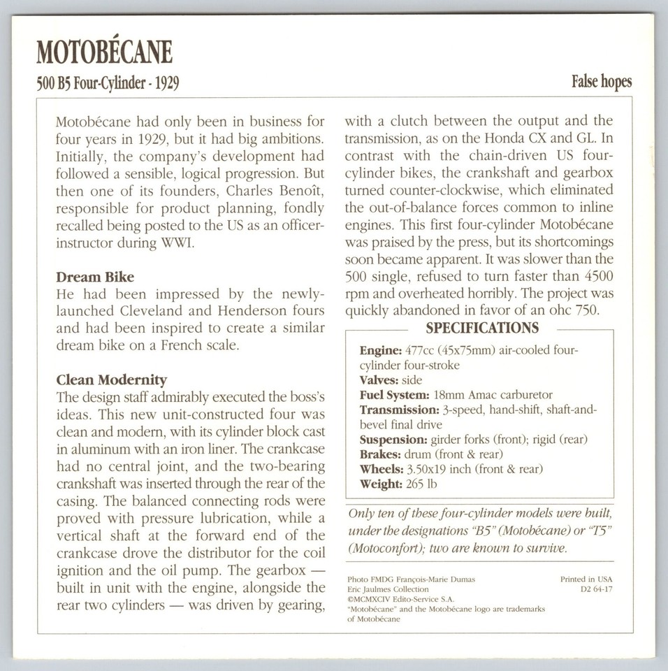 MOTOBECANE 500 B5 Four-Cylinder 1929 France Edito Service Atlas ...