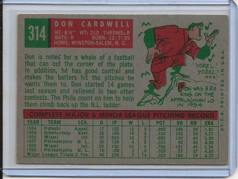 1959 Topps Baseball Card Don Cardwell Pitcher Philadelphia Phillies NR ...