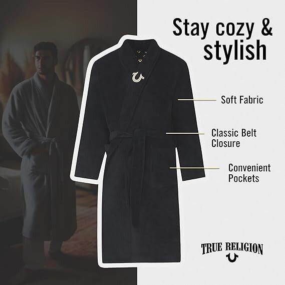 True Religion Mens Robe Gifts for Men Bathrobe, COLOR DARK GREY, MEDIUM ...