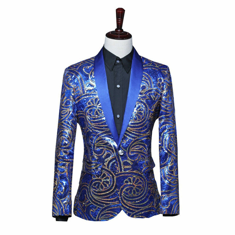 Men Floral Sequin Shawl Lapel Suit Jacket Tunic Dance Show Fancy Dress ...