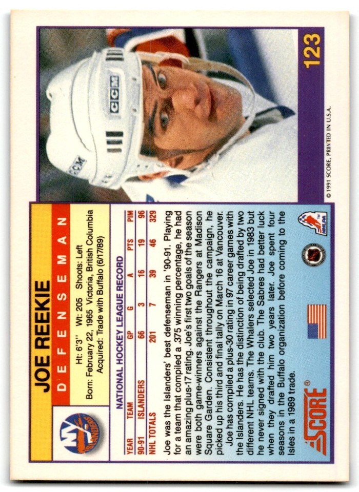 1991-92 Score American Joe Reekie New York Islanders #123 | eBay