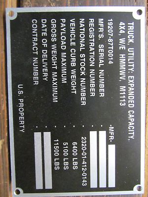 M1113 HMMWV Blank Data Plate | eBay
