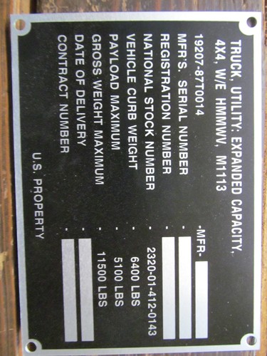 M1113 HMMWV Blank Data Plate for sale online | eBay