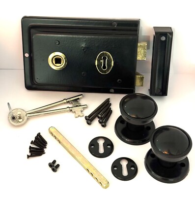 Traditional Rim Lock 6" x 4" with Rim Knob Set Black Shed Door with ...