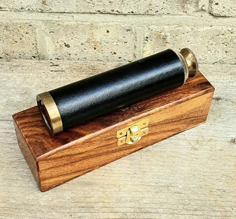 Antique Telescope Handheld Brass Wooden Box Optic Nautical Pirate Scope ...