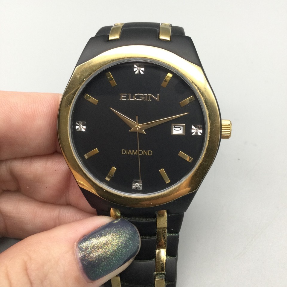 Vtg Elgin Diamond Watch Men 42mm Gold Tone Black Dial Date New Battery ...