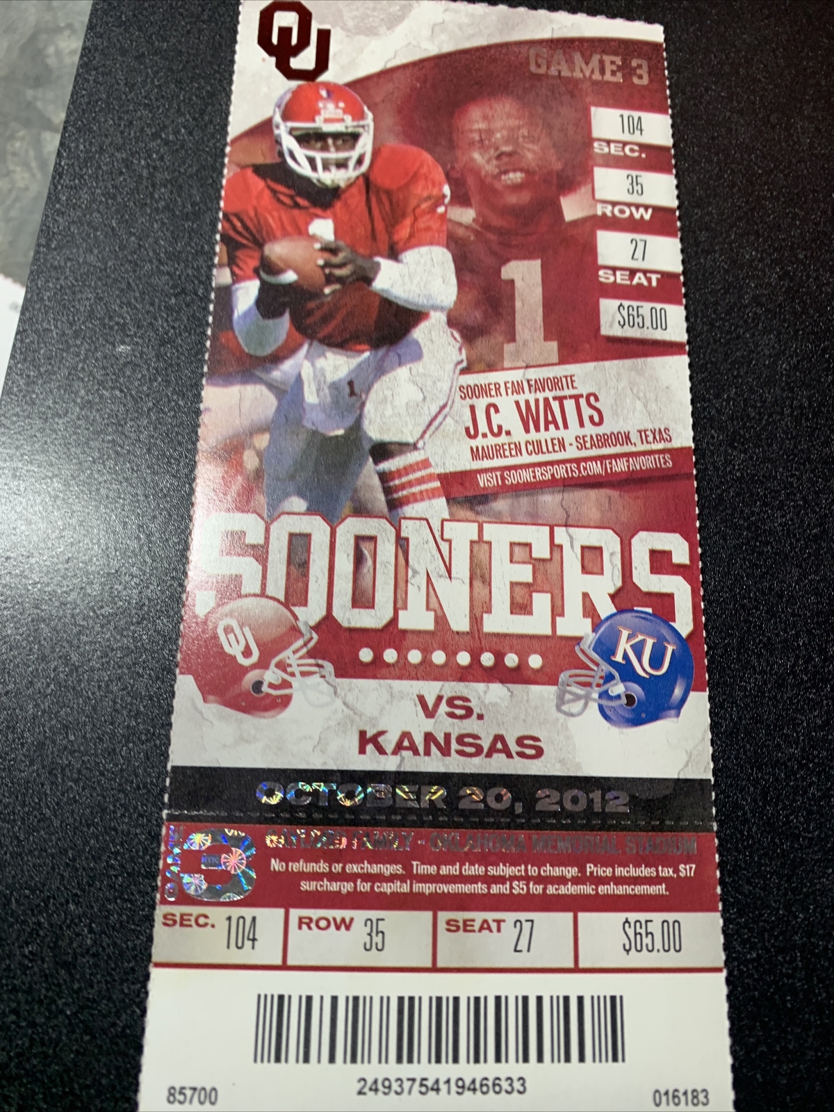 2012 Oklahoma Sooners Football Ticket Stub JC Watts Kansas Jayhawks ...