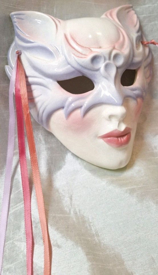VTG 90's Clay Art of SF FACE w/ RIBBONS Ceramic Mardi Gras Mask W/Ears ...