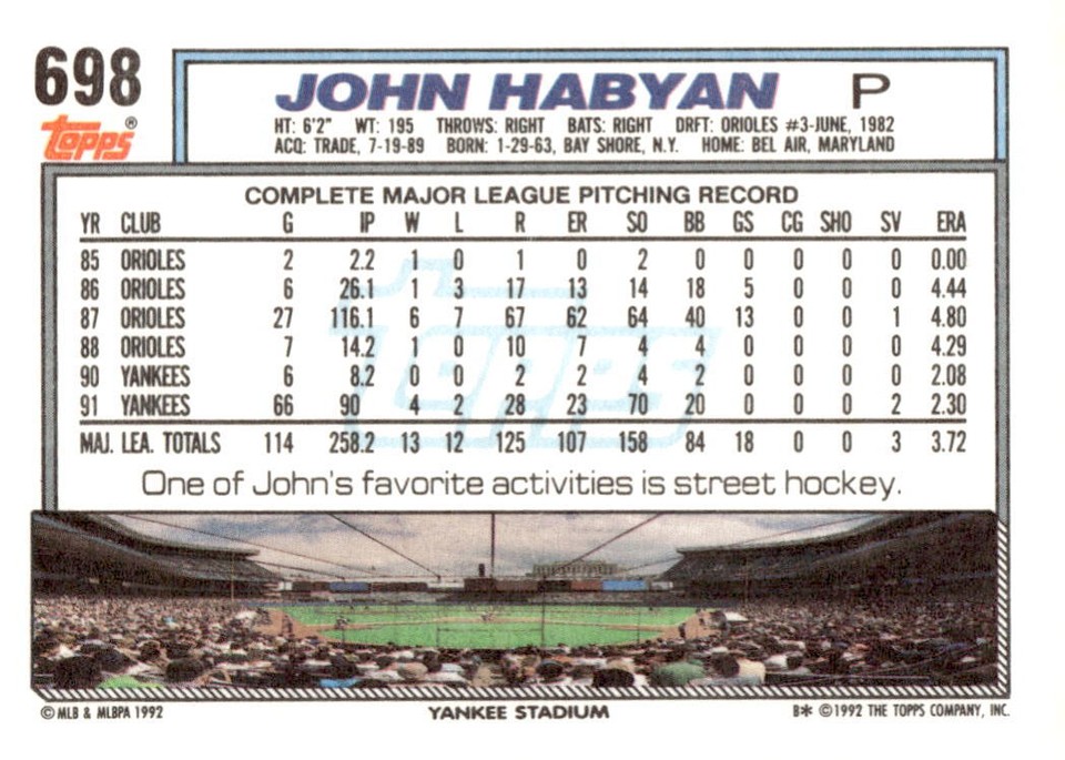1992 Topps #698 John Habyan - New York Yankees | eBay
