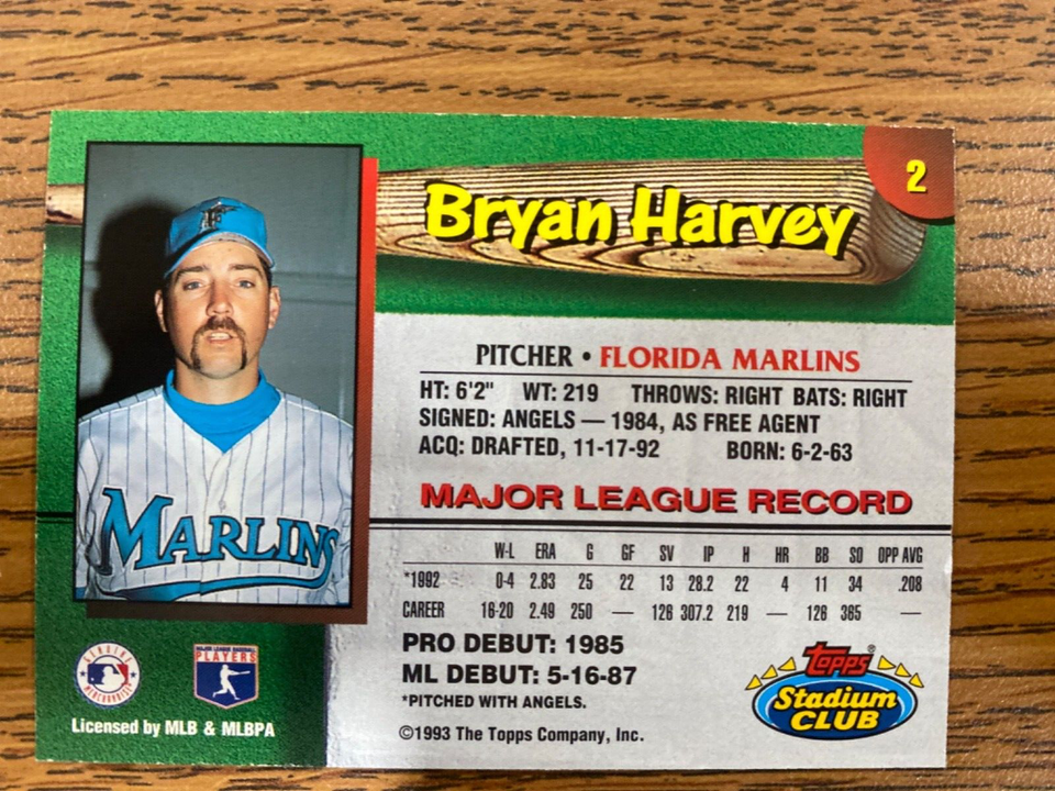 1993 Stadium Club Florida Marlins Bryan Harvey #2 Florida Marlins ...
