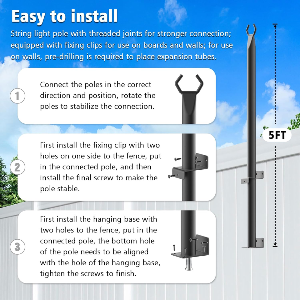 2 Pack 5 Ft String Light Poles,Hanging Light Poles for outside String ...