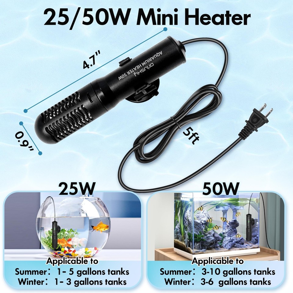 Orlushy 25W Small Submersible Aquarium Heater, Constant Temperature ...