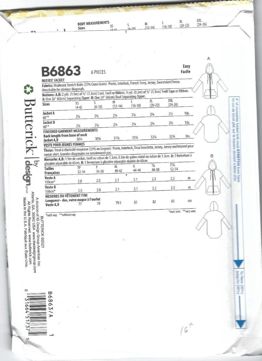 Butterick Sewing Pattern 6863 KATHERINE TILTON ZIP FRONT TOP, Size 4 ...