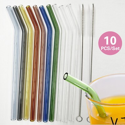 10Pcs Reusable Glass Straw Pyrex Bent Drinking Straws Juice Milk +2 ...