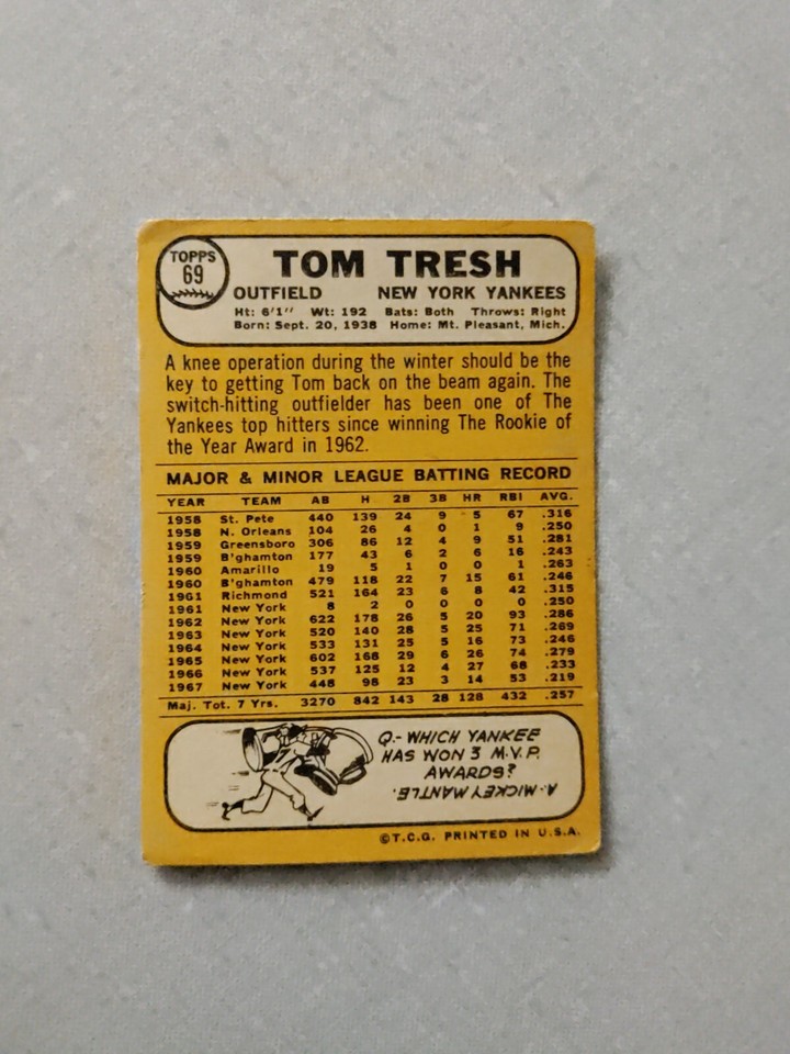 1968 Topps Baseball TOM TRESH #69 MLB New York Yankees vg free shipping ...