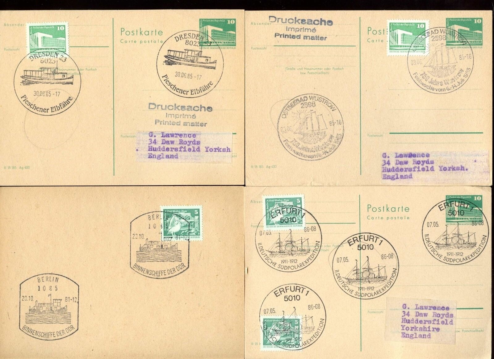 East Germany 1980s 4 Stationery Cards Ships Special Handstamp Postmark# ...