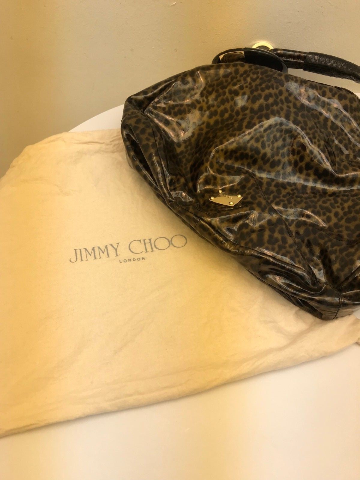 Authentic JIMMY CHOO Sky Hobo Bag Dark Brown Black Multi Patent Leather ...