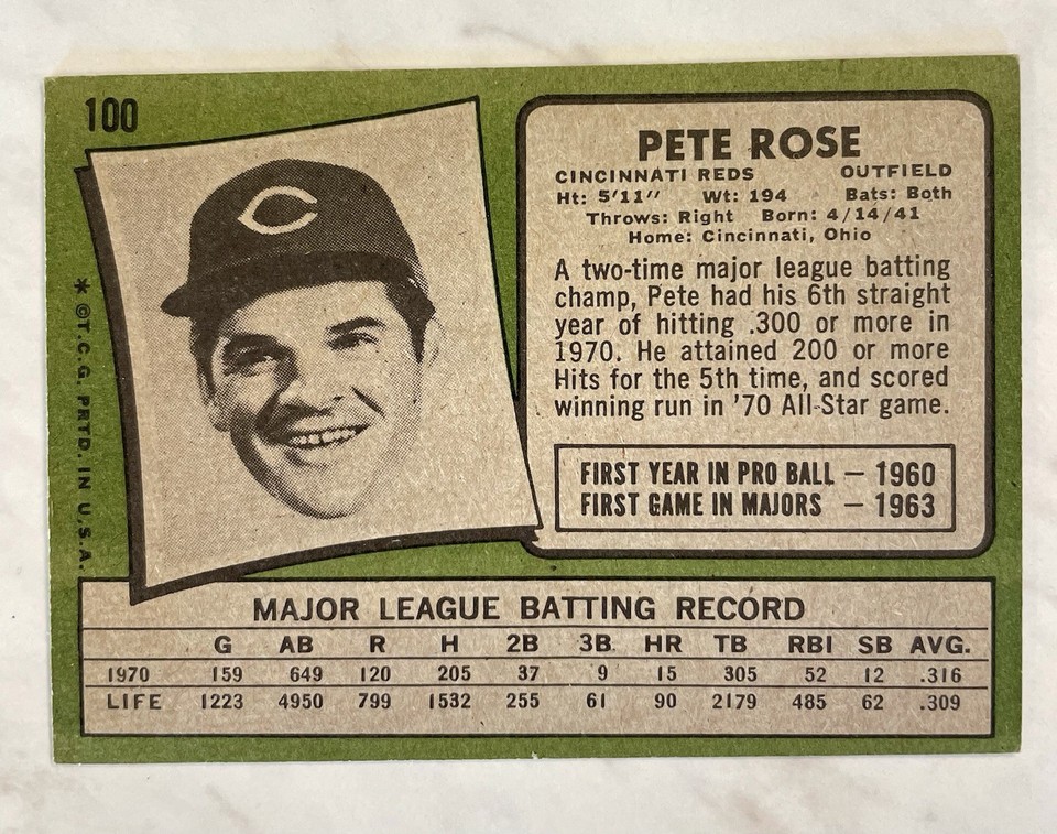 1971 Topps Pete Rose #100 Cincinnati Reds 🔥 VINTAGE MLB CARD- All-Time ...