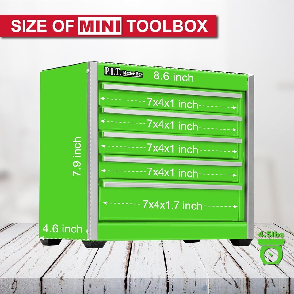 Mini Green Tool Box, Portable 5-Drawer Micro Roll Cab Steel Tool Box ...