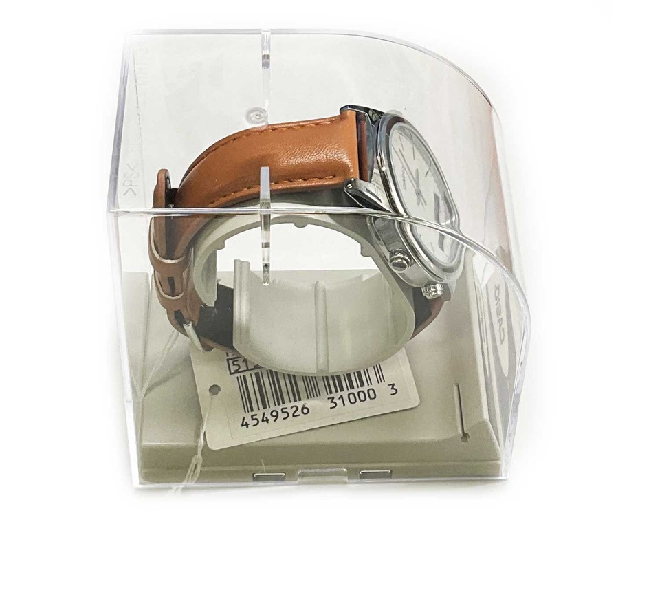 Casio Watch Men White Face 46mm Round Tan Leather Analog Digital Box ...