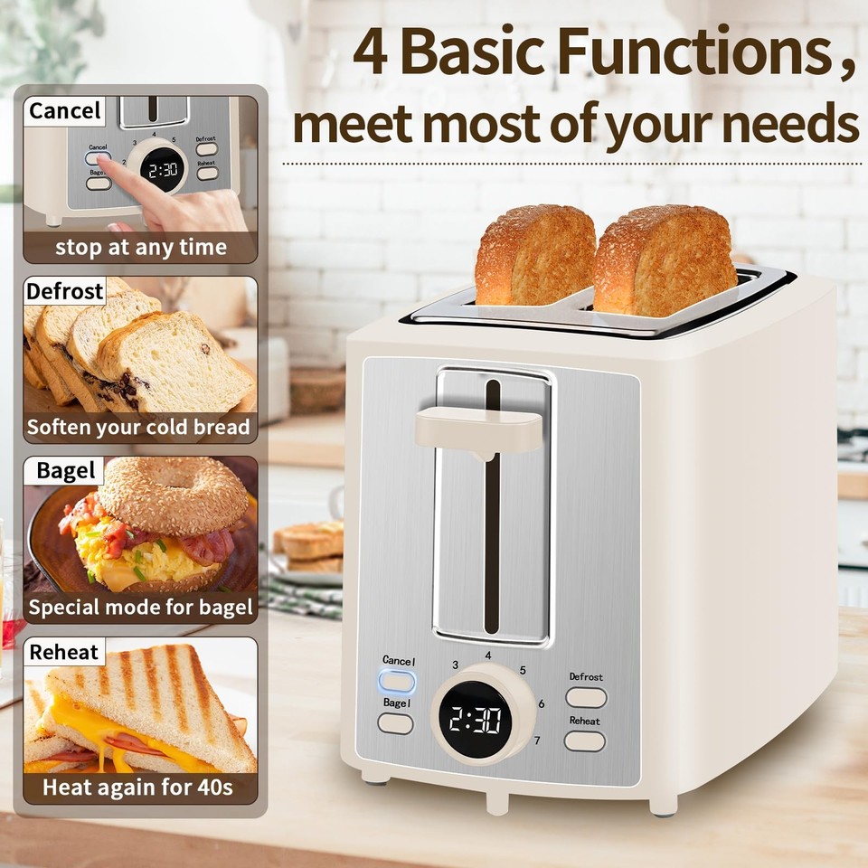 Toaster 2 Slice, Bread Toaster with LCD Display, 7 Shade Settings, 1.4 ...