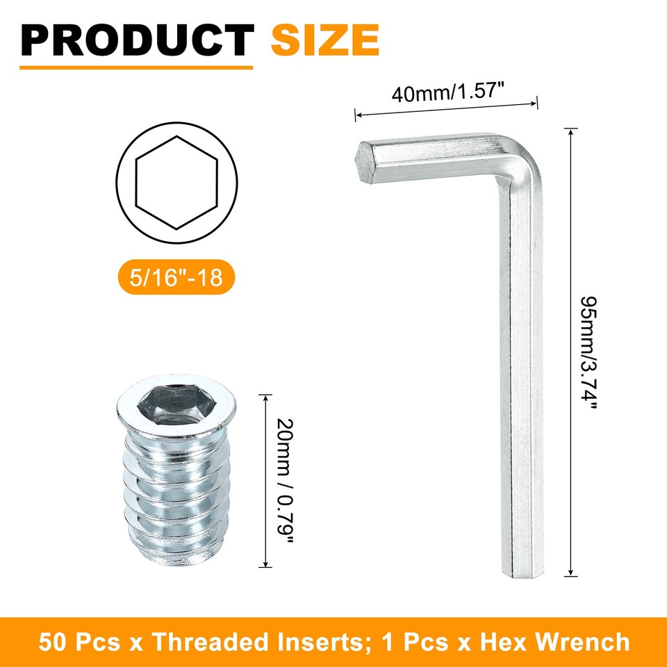 50 Pcs Threaded Insert for Wood, 5/16" - 18 Threaded Studs 20mm Length ...