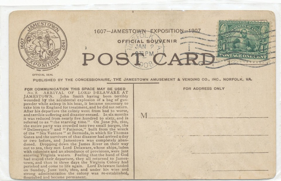 Arrival Lord Delaware Jamestown Exposition 1907 postcard Official Seal ...