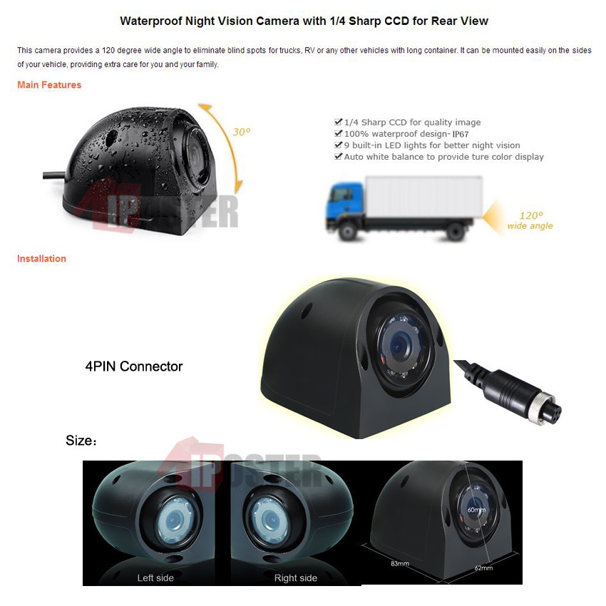 Mirror Image Waterproof 4 Pin Side Rear View CCD Camera Night Vision ...