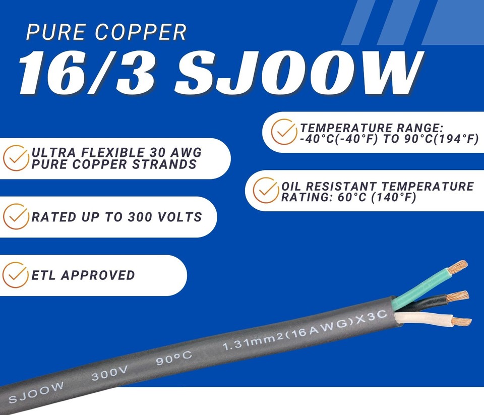 WindyNation 2-DAY SHIPPING 16/3 SJOOW Cable 16 Gauge 3 Conductor 300V ...