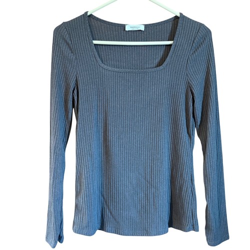 Heimious Womens Gray/Brown Long Sleeve Ribbed Square Neck Top Made In ...