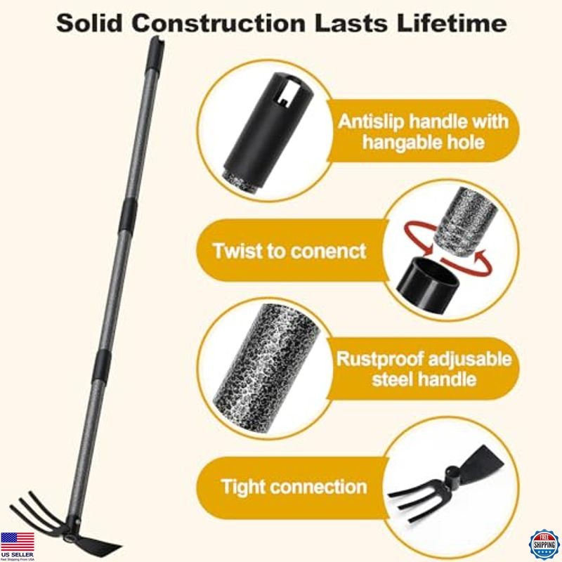 Heavy Duty 45” Long Handle Hoe & Cultivator - Garden Tiller Tool for ...