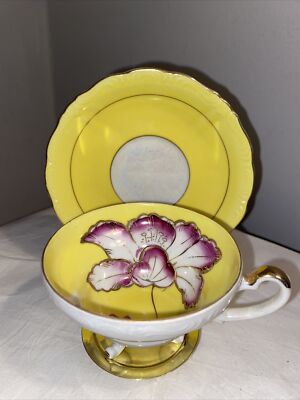 VINTAGE KASUGA WARE CHINA CUP SAUCER SET YELLOW & PEARLESCENT LARGE ...