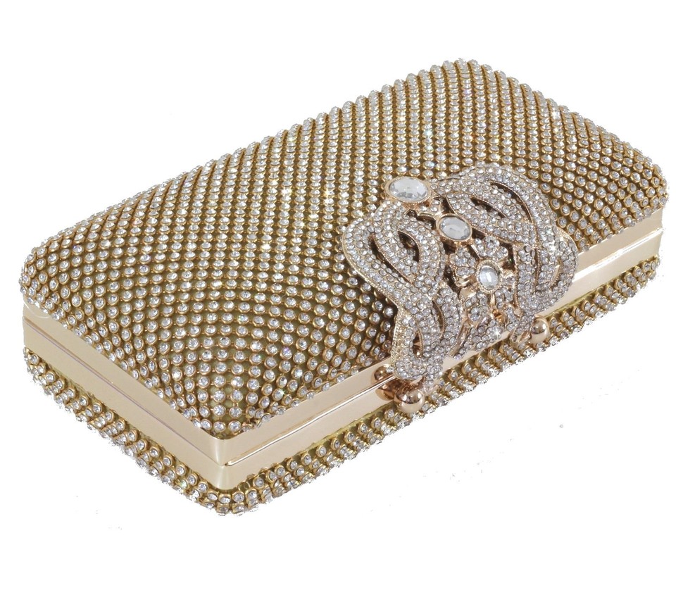 Gold Bling Diamond Crystal Diamante Evening bag Clutch Purse Bride ...