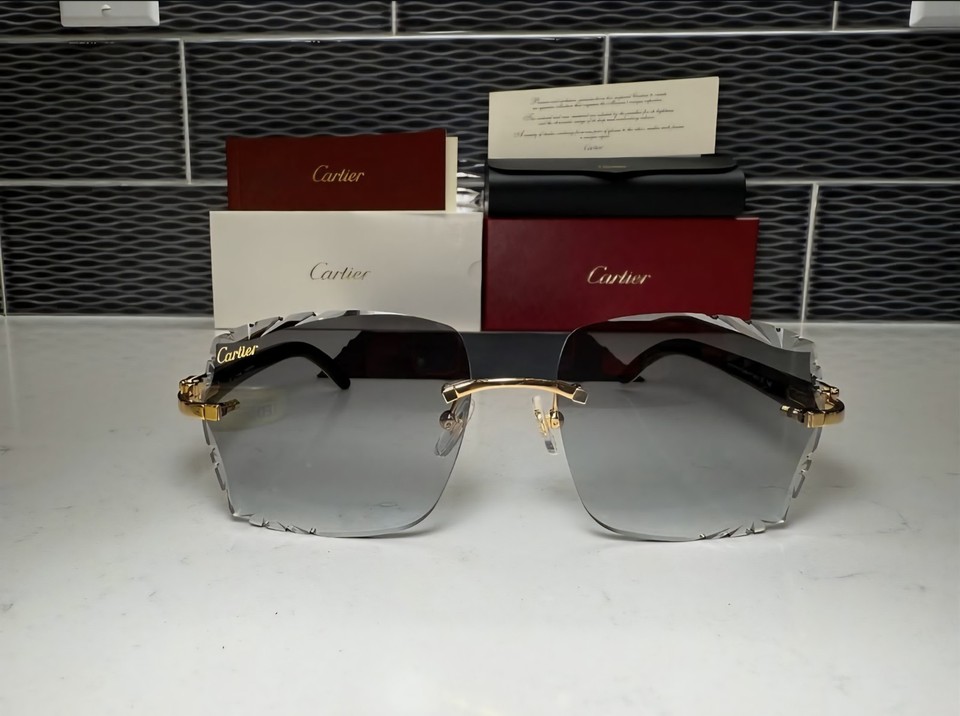 Cartier White Buffs Diamond Cut Lenses Gold Frame Sunglasses Buffalo ...